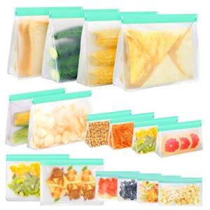 reusable food storage bags, 16 pack reusable sandwich bags bpa free reusable freezer bags, leakproof reusable bags silicone for lunch meat fruit veggies snacks (10 stand-up bags+6 flat bags)