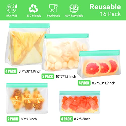 Reusable Food Storage Bags, 16 Pack Reusable Sandwich Bags BPA Free Reusable Freezer Bags, Leakproof Reusable Bags Silicone for Lunch Meat Fruit Veggies Snacks (10 Stand-Up bags+6 Flat bags)