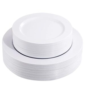 flowercat 60pcs white plastic plates - heavy duty white disposable plates for party/wedding - include 30pcs 10.25inch white dinner plates and 30pcs 7.5inch white dessert/salad plates