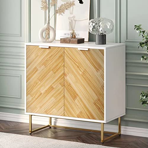 Accent Cabinet with 2 Doors, White Buffet Sideboard Cabinet with Gold Metal Base, Kitchen Accent Storage Cabinet Console Table with Adjustable Shelf, Boho Cabinet Credenzas for Living Room