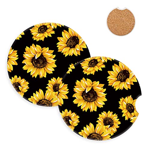 Sunflower Car Coasters for Drinks Absorbent with Cork, Cute Ceramic Car Coasters Set of 2 with A Finger Notch for Easy Removal,Auto Accessories for Women & Men