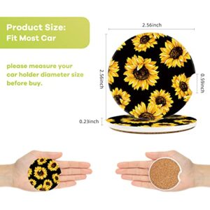 Sunflower Car Coasters for Drinks Absorbent with Cork, Cute Ceramic Car Coasters Set of 2 with A Finger Notch for Easy Removal,Auto Accessories for Women & Men