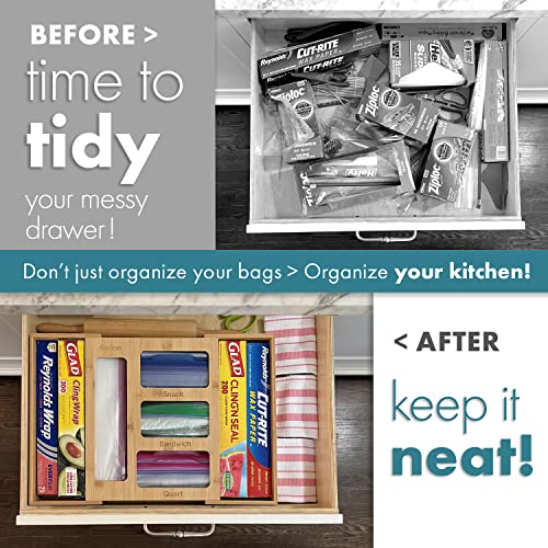 Ziplock Bag Organizer for Drawer, 6-in-1 Expandable Plastic Bag Organizer, Ziploc Bag Organizer, Baggie Organizer, Sandwich Bag Organizer, Foil & Plastic Wrap Organizer, Bamboo Food Storage Bag