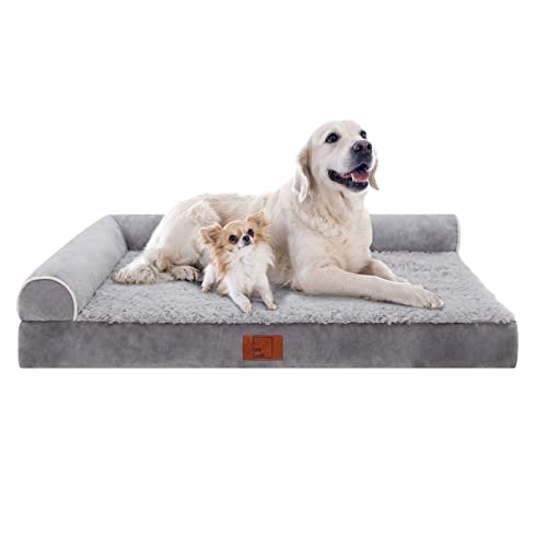 Lazy Lush Bolster Dog Bed for Extra Large Dogs, Memory Foam Orthopedic L-Shape Dog beds with Removable Washable Cover, Cozy Plush Dog Sofa, pet Bed with Waterproof Lining and Nonskid Bottom