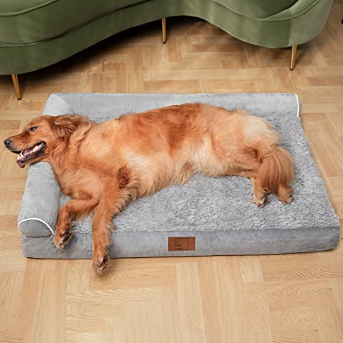 Lazy Lush Bolster Dog Bed for Extra Large Dogs, Memory Foam Orthopedic L-Shape Dog beds with Removable Washable Cover, Cozy Plush Dog Sofa, pet Bed with Waterproof Lining and Nonskid Bottom