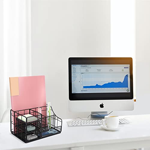 DEZZIE Desk Organizers and Accessories, Mesh Desk Organizer with 2 Sliding Drawers, Office Supplies and Organizers with 7 Compartments + 72 Clips Set, Black Desktop Organizer for Home, School,Office