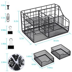 DEZZIE Desk Organizers and Accessories, Mesh Desk Organizer with 2 Sliding Drawers, Office Supplies and Organizers with 7 Compartments + 72 Clips Set, Black Desktop Organizer for Home, School,Office