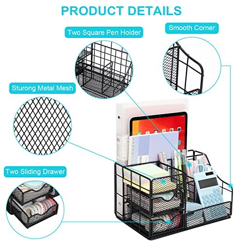 DEZZIE Desk Organizers and Accessories, Mesh Desk Organizer with 2 Sliding Drawers, Office Supplies and Organizers with 7 Compartments + 72 Clips Set, Black Desktop Organizer for Home, School,Office