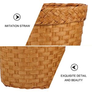 Woven Paper Wastebasket Rattan Trash Can Basket Round Woven Garbage Basket for Home Office ( Khaki )