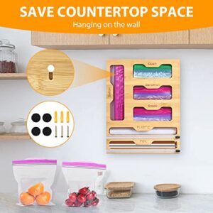 INHOTBY Foil and Plastic Wrap Organizer,Bamboo Ziplock Bag Organizer,6 in 1 Aluminum Foil Dispenser with Cutter,Tin Foil Baggie Organizer for Drawer,Kichen Aluminum Foil Organization and Storage