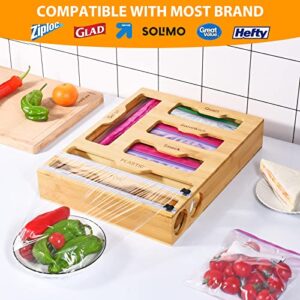 INHOTBY Foil and Plastic Wrap Organizer,Bamboo Ziplock Bag Organizer,6 in 1 Aluminum Foil Dispenser with Cutter,Tin Foil Baggie Organizer for Drawer,Kichen Aluminum Foil Organization and Storage