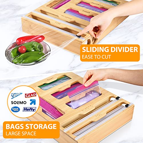 INHOTBY Foil and Plastic Wrap Organizer,Bamboo Ziplock Bag Organizer,6 in 1 Aluminum Foil Dispenser with Cutter,Tin Foil Baggie Organizer for Drawer,Kichen Aluminum Foil Organization and Storage