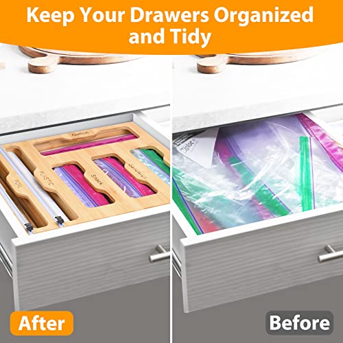 INHOTBY Foil and Plastic Wrap Organizer,Bamboo Ziplock Bag Organizer,6 in 1 Aluminum Foil Dispenser with Cutter,Tin Foil Baggie Organizer for Drawer,Kichen Aluminum Foil Organization and Storage