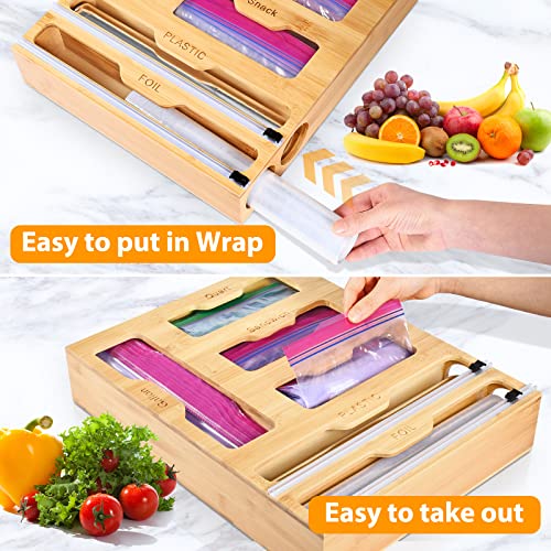 INHOTBY Foil and Plastic Wrap Organizer,Bamboo Ziplock Bag Organizer,6 in 1 Aluminum Foil Dispenser with Cutter,Tin Foil Baggie Organizer for Drawer,Kichen Aluminum Foil Organization and Storage