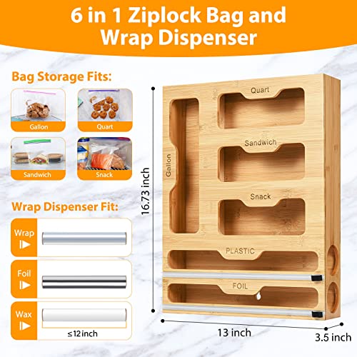 INHOTBY Foil and Plastic Wrap Organizer,Bamboo Ziplock Bag Organizer,6 in 1 Aluminum Foil Dispenser with Cutter,Tin Foil Baggie Organizer for Drawer,Kichen Aluminum Foil Organization and Storage