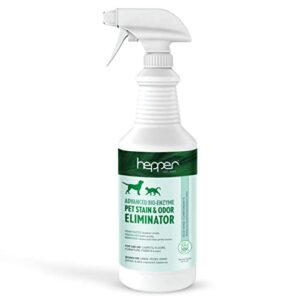 hepper advanced bio-enzyme pet stain & odor eliminator spray - smell, stain & urine remover for cats, dogs & other animals - 32oz spray safe for the home - for use on couches, carpets, litter boxes, beds, etc.