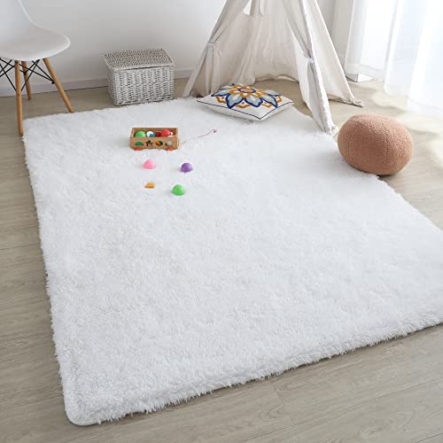 Jorkei White Area Rugs for Bedroom,4x6 Feet Plush Furry Shag Rug,Indoor Modern Plush Area Rugs for Living Room Bedroom Kids Room Kids Playroom Home Decor Floor Carpet