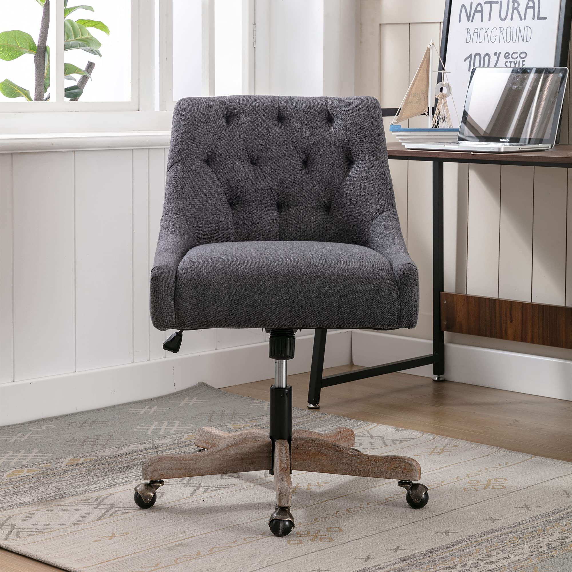 HomSof Modern Mid-Back Desk, Adjustable Height Swivel Home Office, Accent Chair with Wheels and Wood Base, Linen, Charcoal Grey