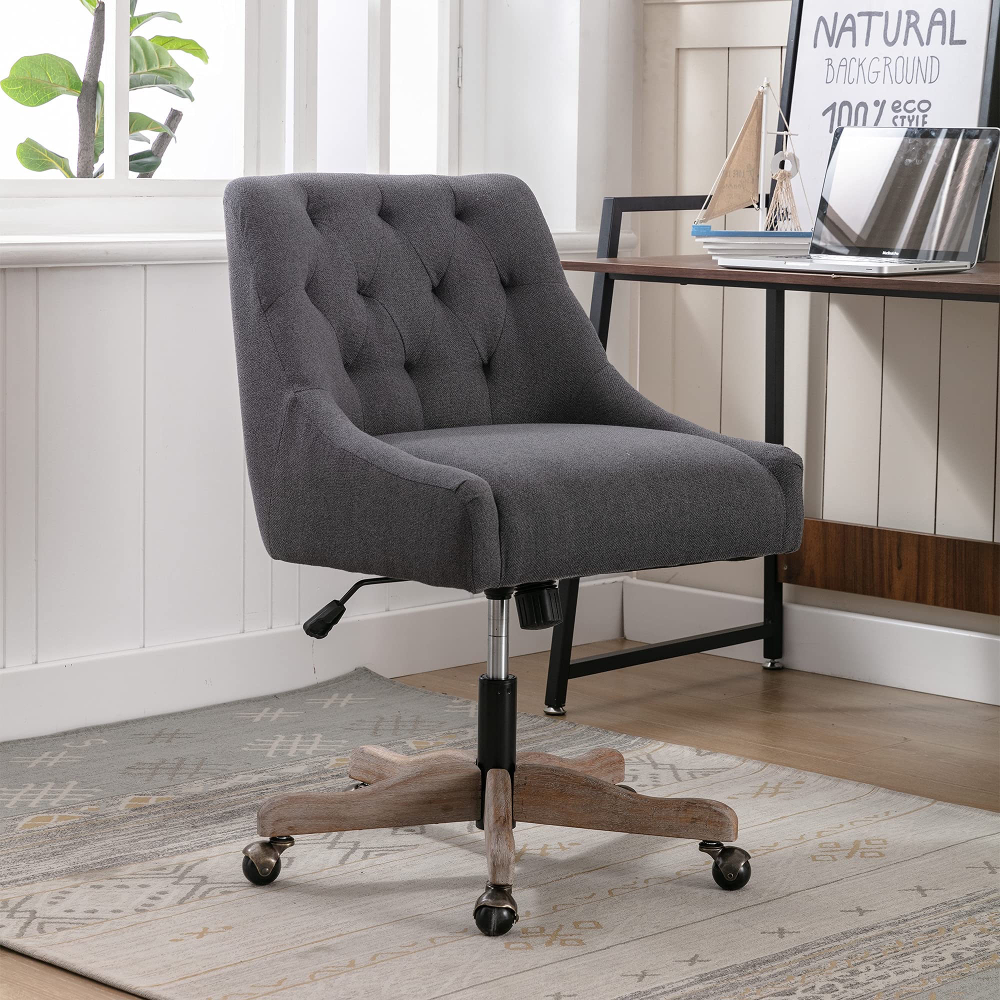 HomSof Modern Mid-Back Desk, Adjustable Height Swivel Home Office, Accent Chair with Wheels and Wood Base, Linen, Charcoal Grey