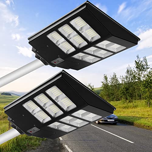 FRAPOW 2 Pack of 600W Solar Street Light Outdoor, 60000LM Waterproof Parking Lot Commercial Light with Remote Control and Motion Sensor, Dusk to Dawn Flood Light for Garden Yard Path