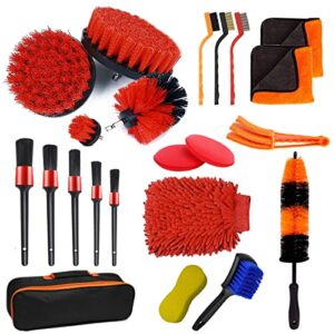 netzu car detailing brush set, 22pcs car wash brush set with wheels brush, tire cleaning, car interior detailing kit, drill brush set, rim brush, storage bag