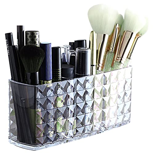 Unaone Makeup Brush Organizer, Acrylic Clear 3-Compartment Makeup Brush Holder Cosmetic Brushes Storage Organizer for Vanity Bathroom