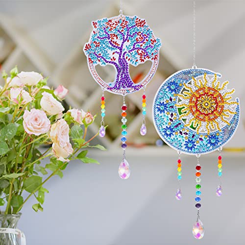 3 Pack Diamond Painting Suncatcher Window Hanging Ornament Crystal Window Garden Decor DIY Kits for Beginners Adult Kids -Tree, Moon, Heart