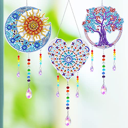 3 Pack Diamond Painting Suncatcher Window Hanging Ornament Crystal Window Garden Decor DIY Kits for Beginners Adult Kids -Tree, Moon, Heart