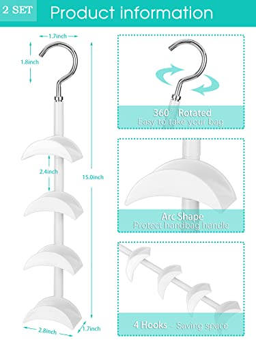 Purse Hanger for Closet - Rotating Handbag Hanging Hook Bag Storage Space Saver with 4 Hooks, Hanging Organizer for Scarf Handbag Belt, 2 PCS