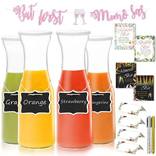 Mimosa Bar Supplies Decorations Kit - 4 Glass Carafes And Brunch Decors, 34oz Juice Containers With Lids And Floral Bubbly Bar Sign For Baby Shower Bridal Shower Birthday Party