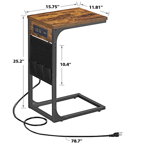 Slim End Table with Charging Station, Side Table with 2 USB Ports and Outlets, C-Shaped Snack Table with Cloth Bag, TV Tray Table, Couch Table TB01BB024