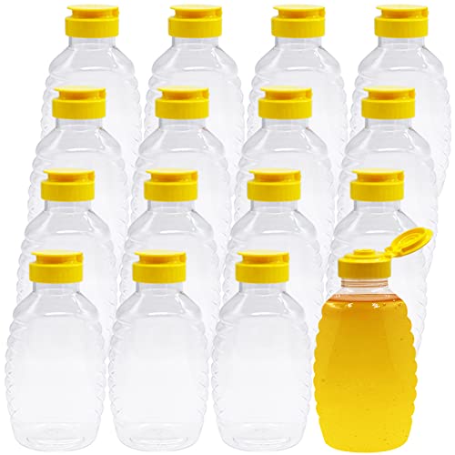 Qinsihwn 16 Pack 8oz Clear Plastic Honey Bottles,Squeeze Honey Container Refillable Food Grade Honey Jar with Leak Proof Flip-top Lid,Squeeze Honey Bottle for Storing and Dispensing