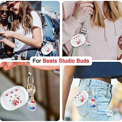 Cute case for Beats Studio Buds Cover with Kawaii Strawberry cat Anime Pattern Design for Women Girls Kids Teens Clear Slim Soft Silicone Cover for Beats Studio Buds