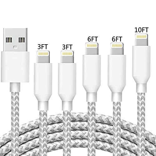 iPhone Fast Charger Cable Apple MFi Certified 5Pack White[3/3/6/6/10FT] Long Lightning Charging Nylon Braided High Speed Sync USB Cable Compatible iPhone 14/13/12/11 Pro Max/XS MAX/XR/XS/8/7/Plus/iPad