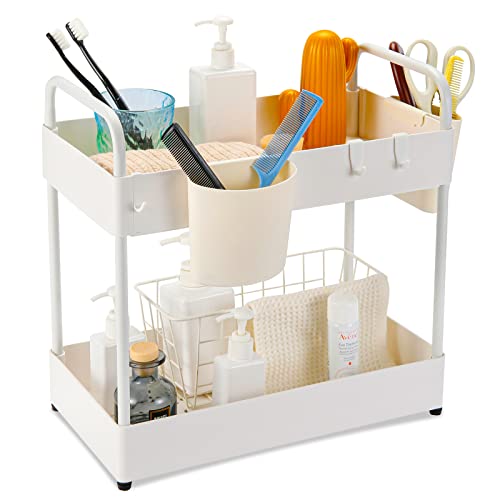 Kitchen Storage, Under Sink Organizer, NAYAHOSE 2 Tier Bathroom Storage Organizer Countertop with 4 Hanging Cups, 2 Handles, Under Cabinet Storage Tray Organize Holder, Makeups, Spices（white）