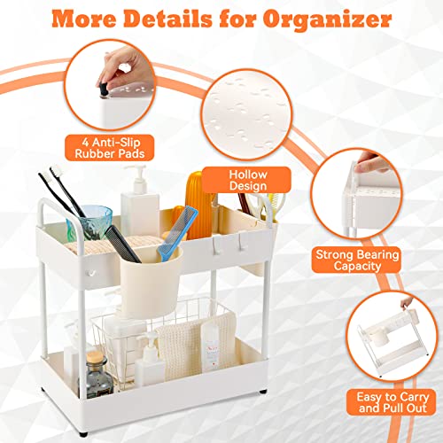 Kitchen Storage, Under Sink Organizer, NAYAHOSE 2 Tier Bathroom Storage Organizer Countertop with 4 Hanging Cups, 2 Handles, Under Cabinet Storage Tray Organize Holder, Makeups, Spices（white）