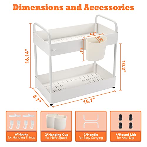 Kitchen Storage, Under Sink Organizer, NAYAHOSE 2 Tier Bathroom Storage Organizer Countertop with 4 Hanging Cups, 2 Handles, Under Cabinet Storage Tray Organize Holder, Makeups, Spices（white）