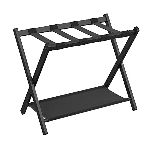 SONGMICS Luggage Rack for Guest Room, Suitcase Stand with Storage Shelf, Steel Frame, Foldable for Easy Storage, Hotel, Bedroom, Black URLR003B01