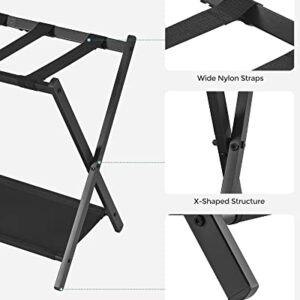 SONGMICS Luggage Rack for Guest Room, Suitcase Stand with Storage Shelf, Steel Frame, Foldable for Easy Storage, Hotel, Bedroom, Black URLR003B01