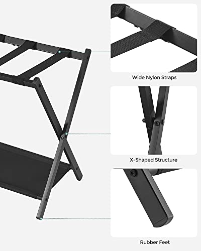 SONGMICS Luggage Rack for Guest Room, Suitcase Stand with Storage Shelf, Steel Frame, Foldable for Easy Storage, Hotel, Bedroom, Black URLR003B01