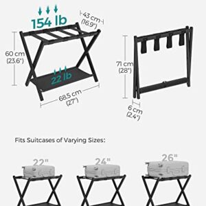 SONGMICS Luggage Rack for Guest Room, Suitcase Stand with Storage Shelf, Steel Frame, Foldable for Easy Storage, Hotel, Bedroom, Black URLR003B01