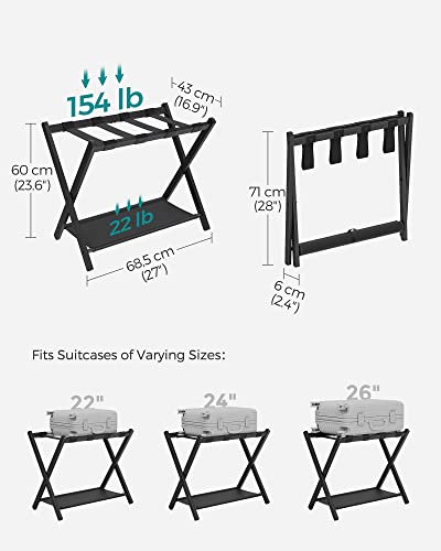 SONGMICS Luggage Rack for Guest Room, Suitcase Stand with Storage Shelf, Steel Frame, Foldable for Easy Storage, Hotel, Bedroom, Black URLR003B01