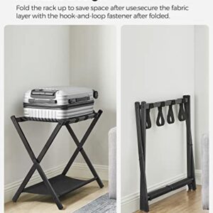 SONGMICS Luggage Rack for Guest Room, Suitcase Stand with Storage Shelf, Steel Frame, Foldable for Easy Storage, Hotel, Bedroom, Black URLR003B01