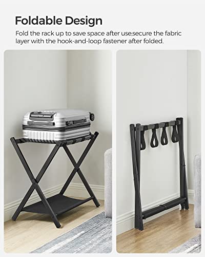 SONGMICS Luggage Rack for Guest Room, Suitcase Stand with Storage Shelf, Steel Frame, Foldable for Easy Storage, Hotel, Bedroom, Black URLR003B01