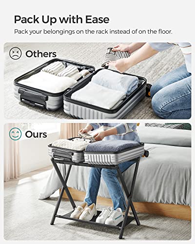 SONGMICS Luggage Rack for Guest Room, Suitcase Stand with Storage Shelf, Steel Frame, Foldable for Easy Storage, Hotel, Bedroom, Black URLR003B01