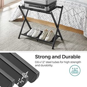 SONGMICS Luggage Rack for Guest Room, Suitcase Stand with Storage Shelf, Steel Frame, Foldable for Easy Storage, Hotel, Bedroom, Black URLR003B01