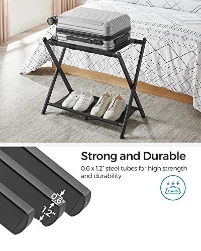 SONGMICS Luggage Rack for Guest Room, Suitcase Stand with Storage Shelf, Steel Frame, Foldable for Easy Storage, Hotel, Bedroom, Black URLR003B01