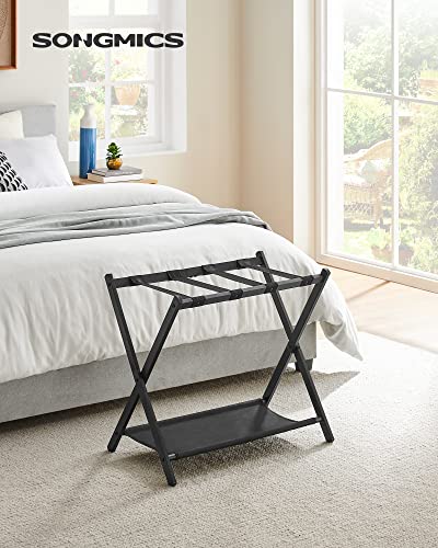 SONGMICS Luggage Rack for Guest Room, Suitcase Stand with Storage Shelf, Steel Frame, Foldable for Easy Storage, Hotel, Bedroom, Black URLR003B01