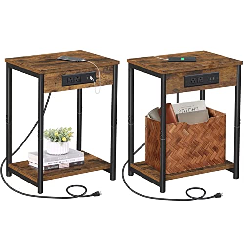 TUTOTAK End Table with Charging Station, Set of 2 Side Table with 2 USB Ports and 2 Outlets, 21.8”H 2-Tier Nightstand with Storage Shelf, Sofa Table TB01BB029