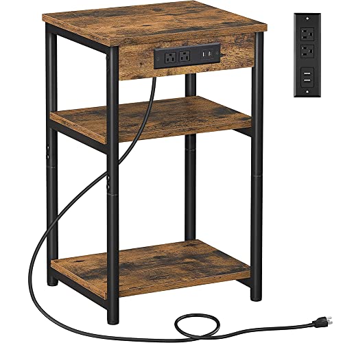 TUTOTAK End Table with Charging Station, Side Table with USB Ports and Outlets, Nightstand, 3-Tier Storage Shelf, Sofa Table for Small Space, Living Room TB01BB026